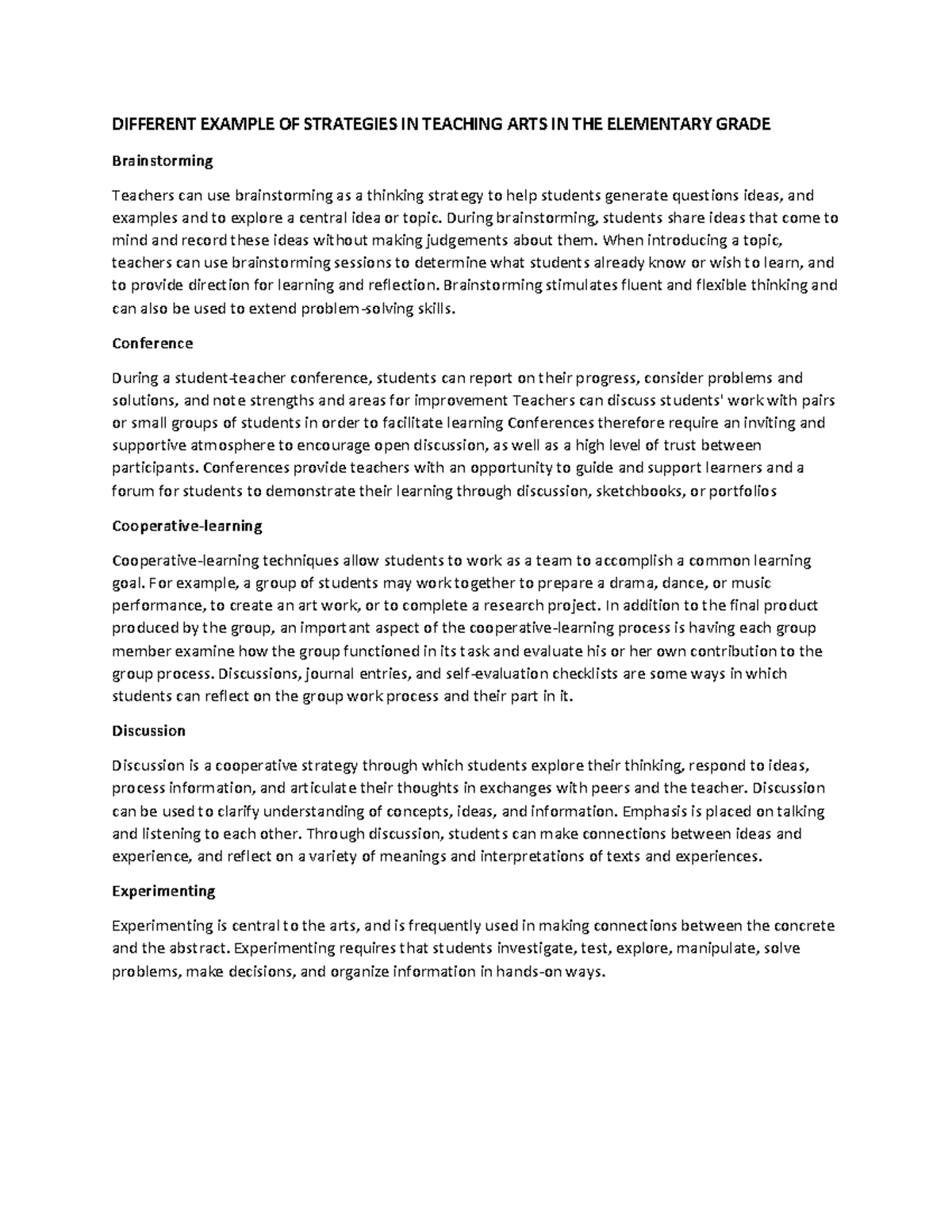 Different Example OF Strategies IN Teaching ARTS IN THE Elementary ...