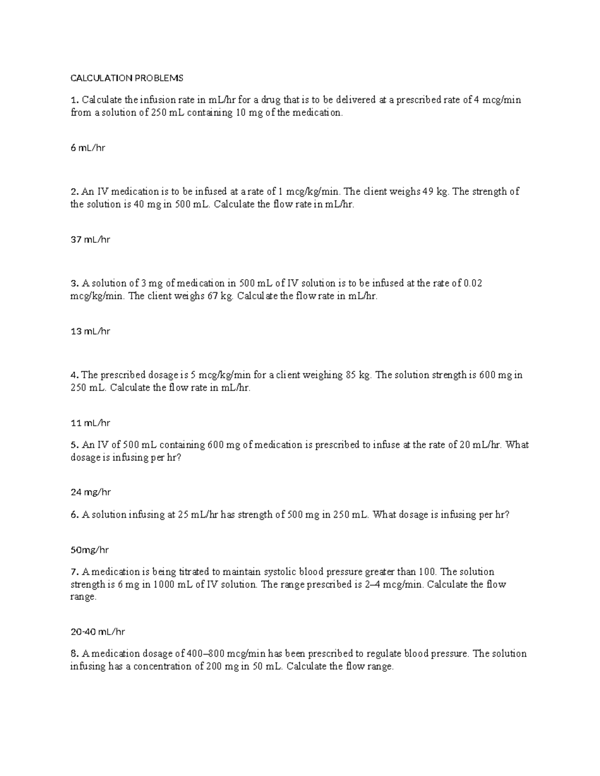 Additional Dosage Calculation Problems - CALCULATION PROBLEMS 1 ...