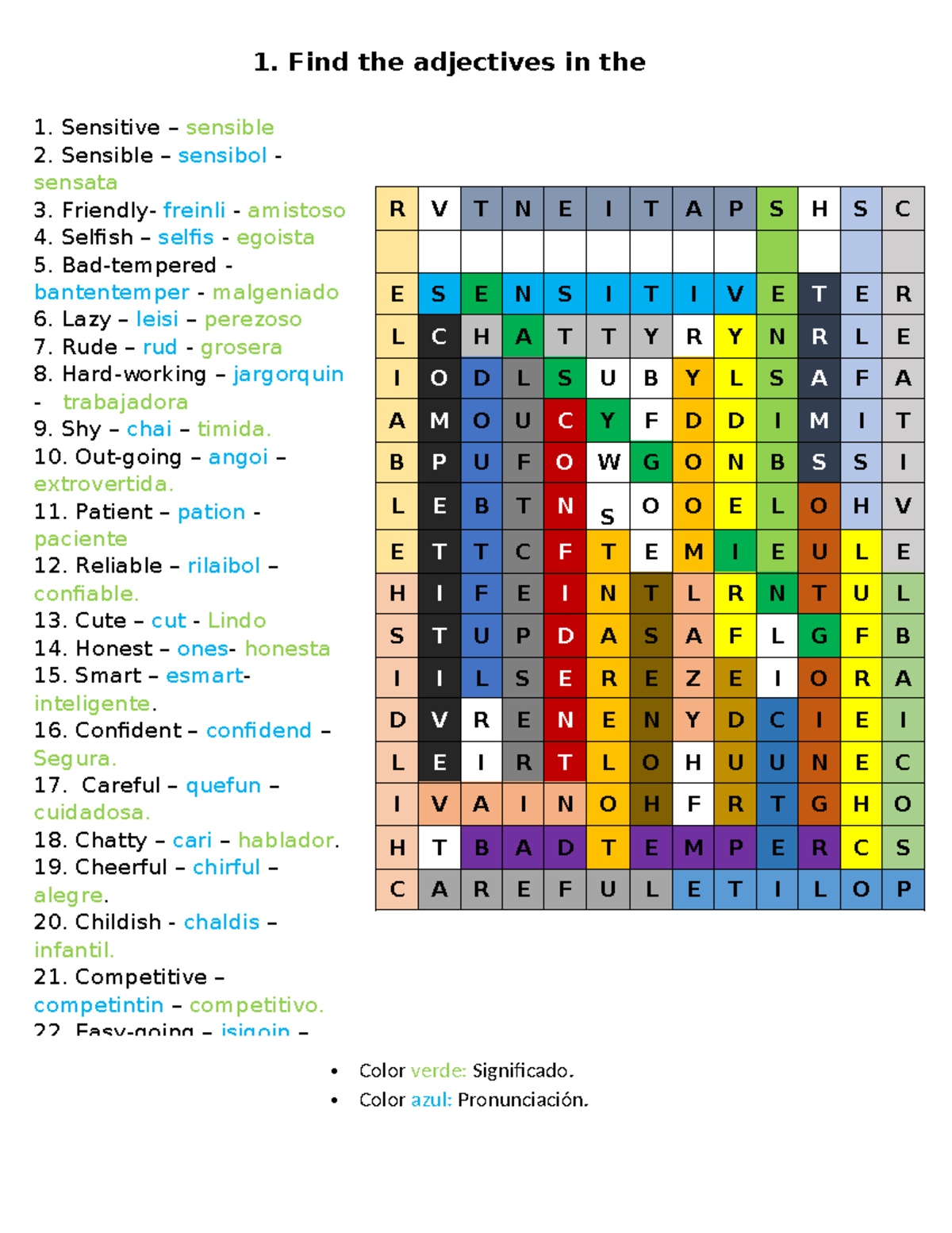 Guía 01 Crossword Adjectives Stephany - Color verde: Significado. Color ...