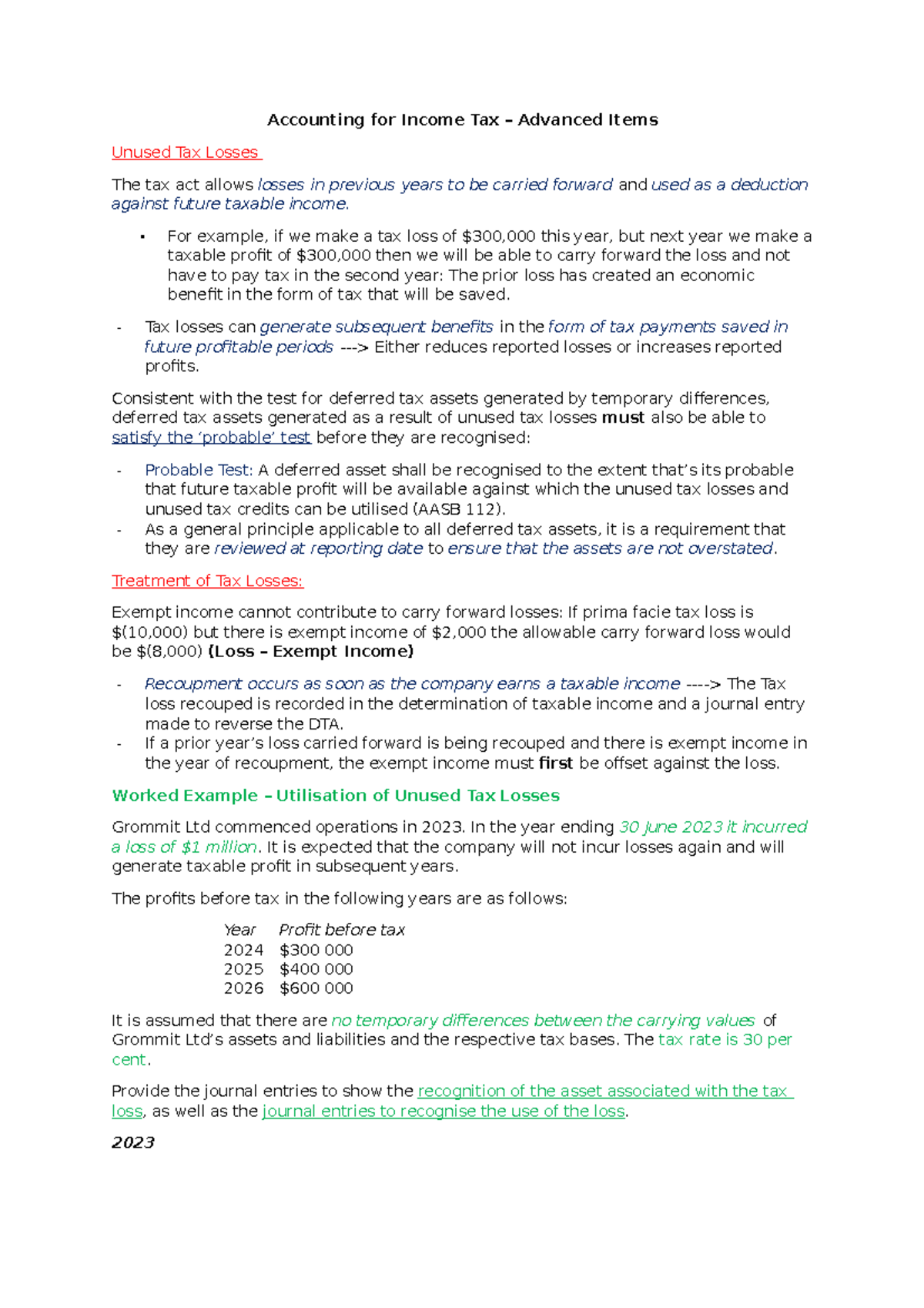 Week 4 - Accounting for Income Tax - Advanced Items - Accounting for ...