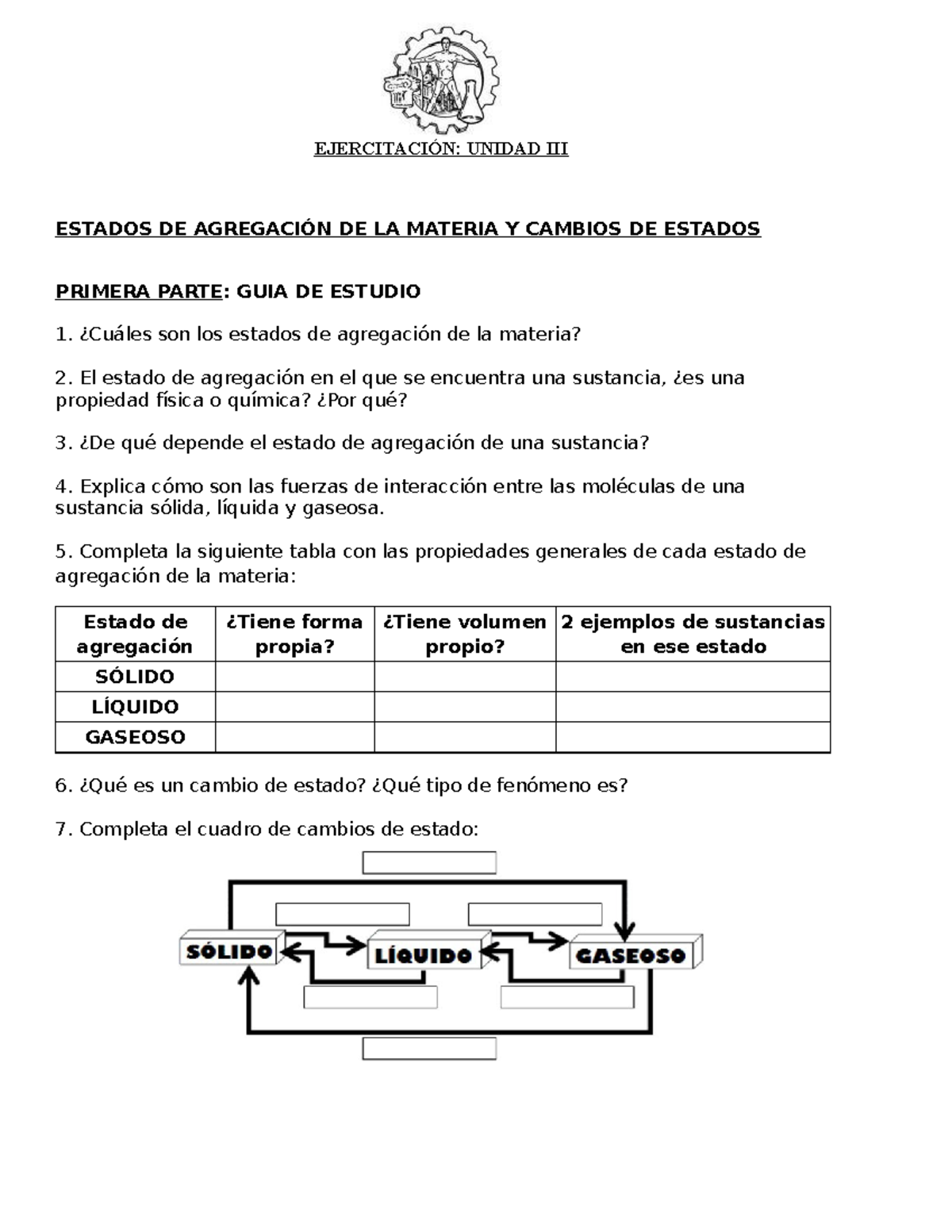 Unidad III. Estados DE LA Materia Y Cambios DE Estados - EJERCITACIÓN ...