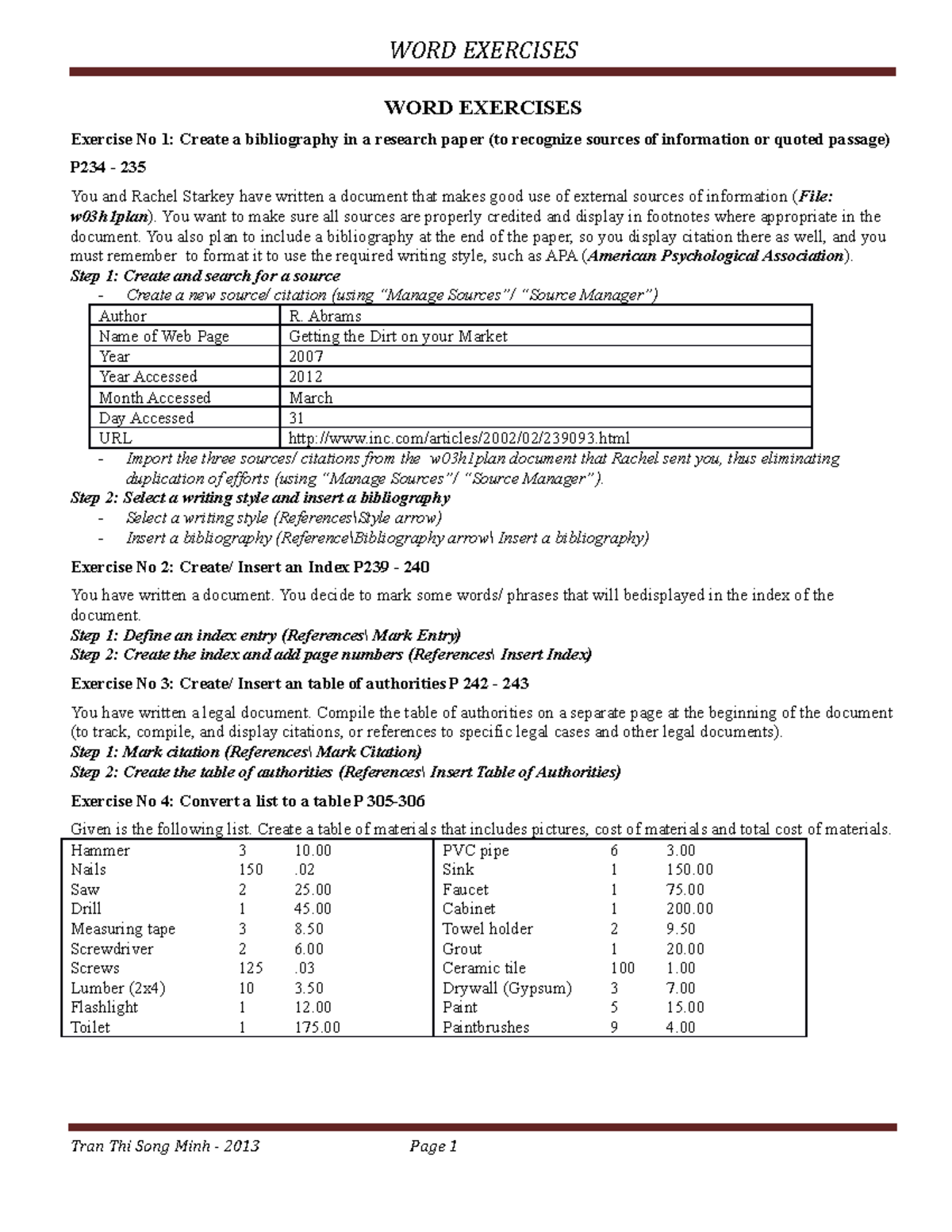 WORD Exercises - homework - WORD EXERCISES WORD EXERCISES Exercise No 1 ...