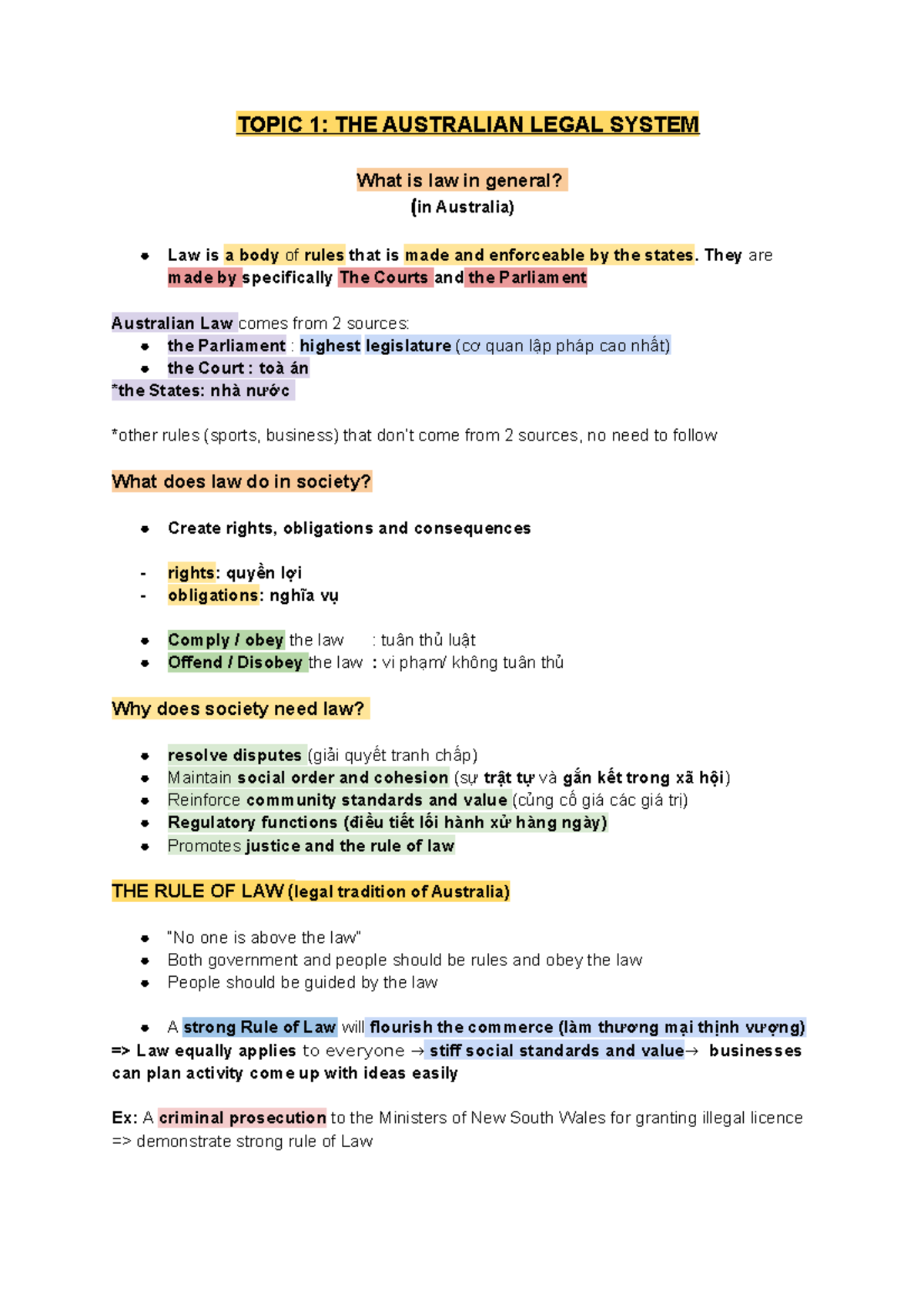 Lecture NOTE - Week 3+4+5 - TOPIC 1: THE AUSTRALIAN LEGAL SYSTEM What ...