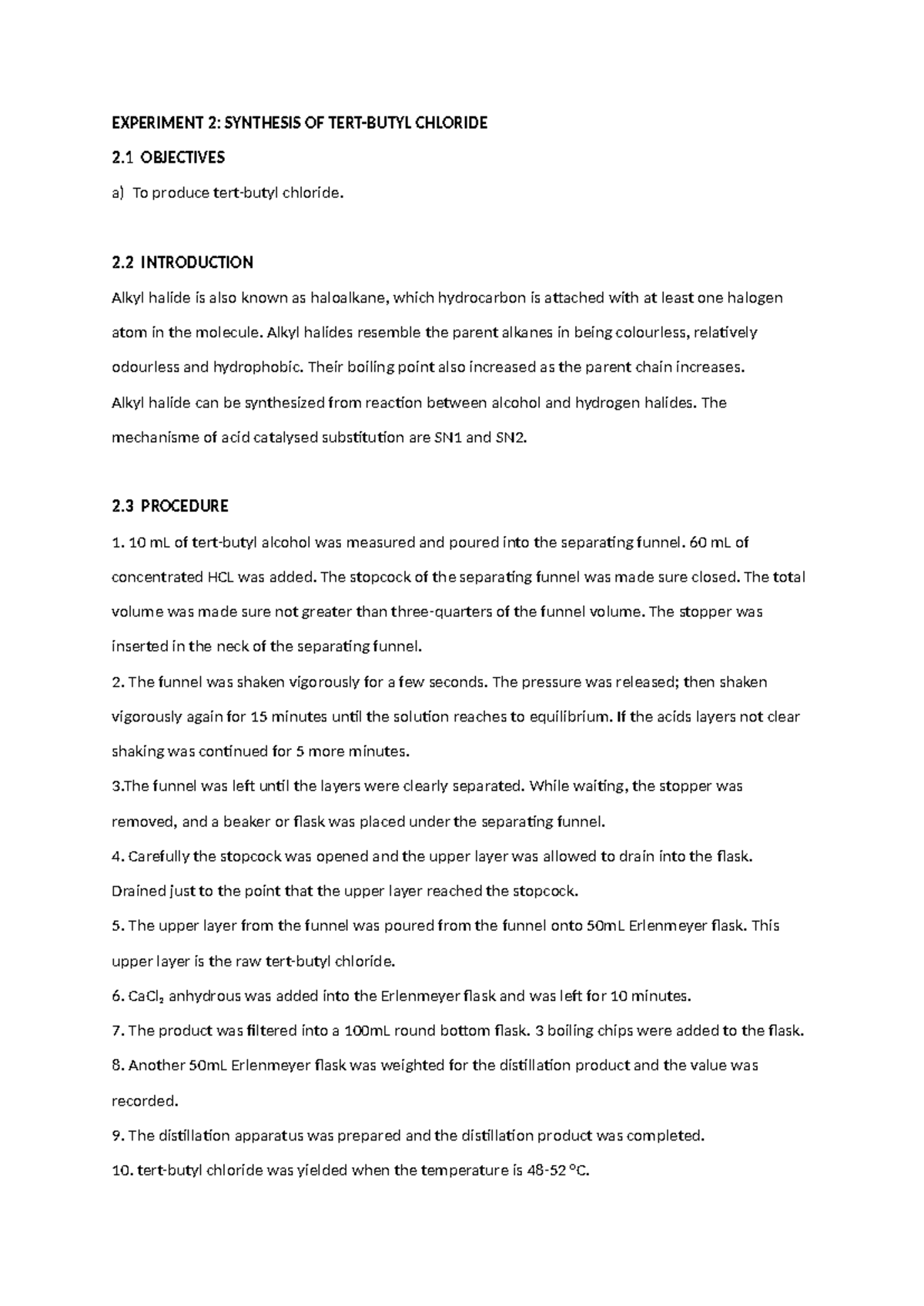 Experiment 2 SKO - lab report sko exp2 - EXPERIMENT 2: SYNTHESIS OF TERT-BUTYL CHLORIDE 2 ...