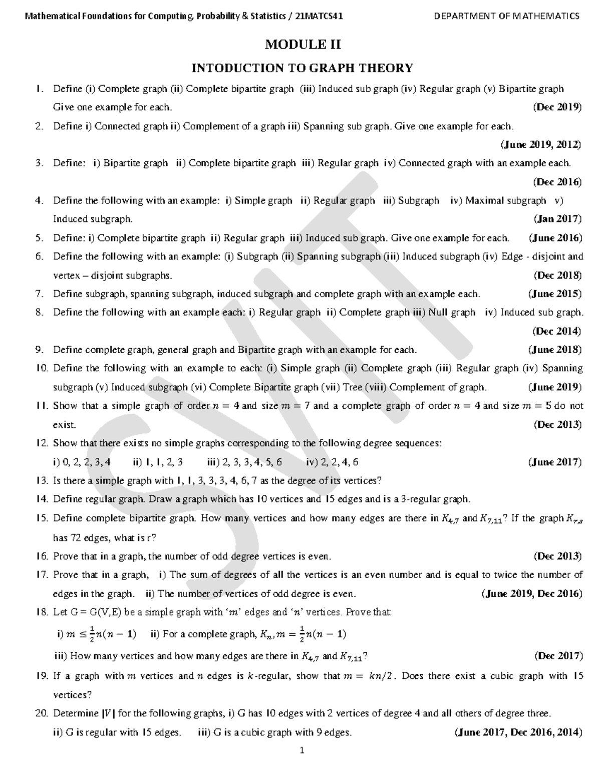 Module 2 - Introduction to Graph Theory QB - MODULE II INTODUCTION TO GRAPH THEORY Define (i ...