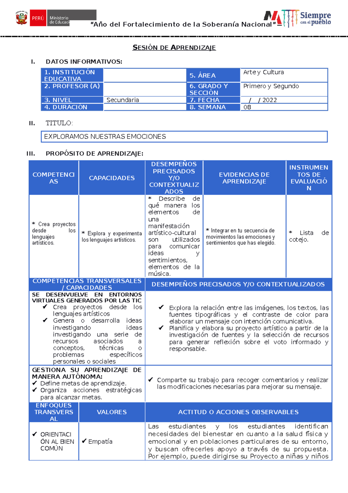 Sesion DE Aprendizaje - 3° y 4° - Semana 08 - SESIÓN DE APRENDIZAJE I. DATOS INFORMATIVOS: 1 ...