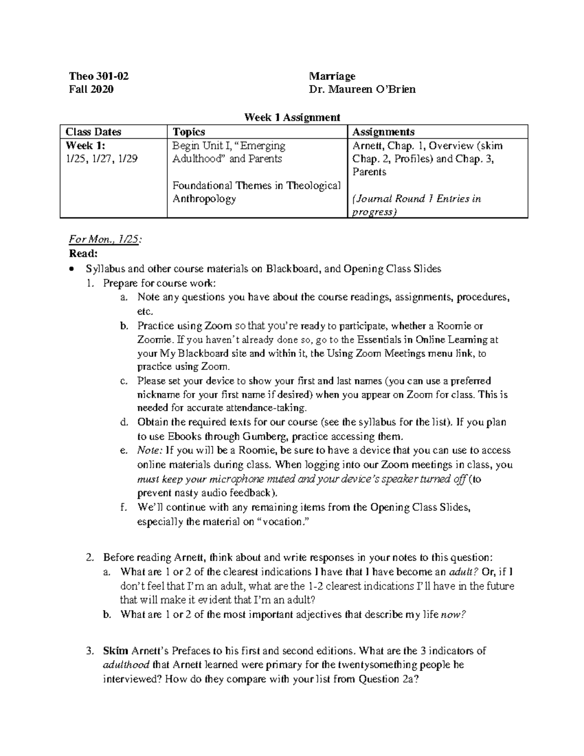21 Sp 301 Week 1 Assign - Theo 301-02 Marriage Fall 2020 Dr. Maureen O ...