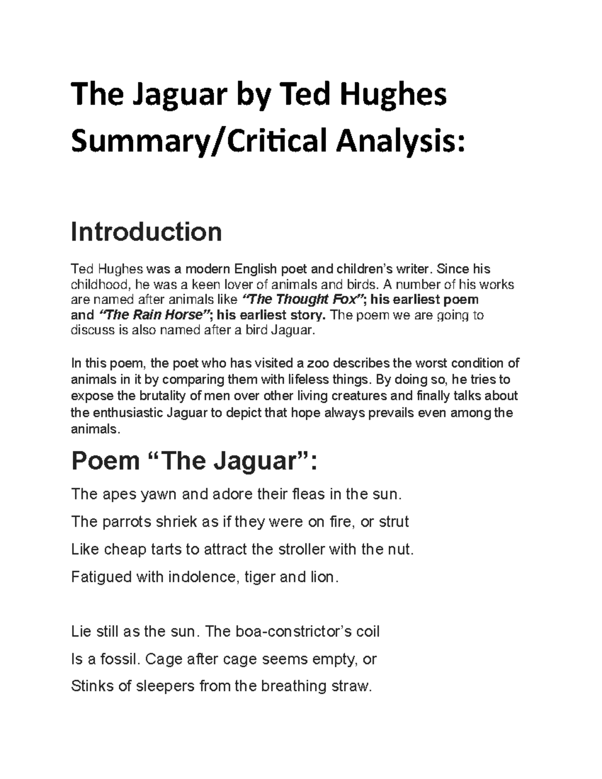 The Jaguar by Ted Hughes - The Jaguar by Ted Hughes Summary/Critical ...