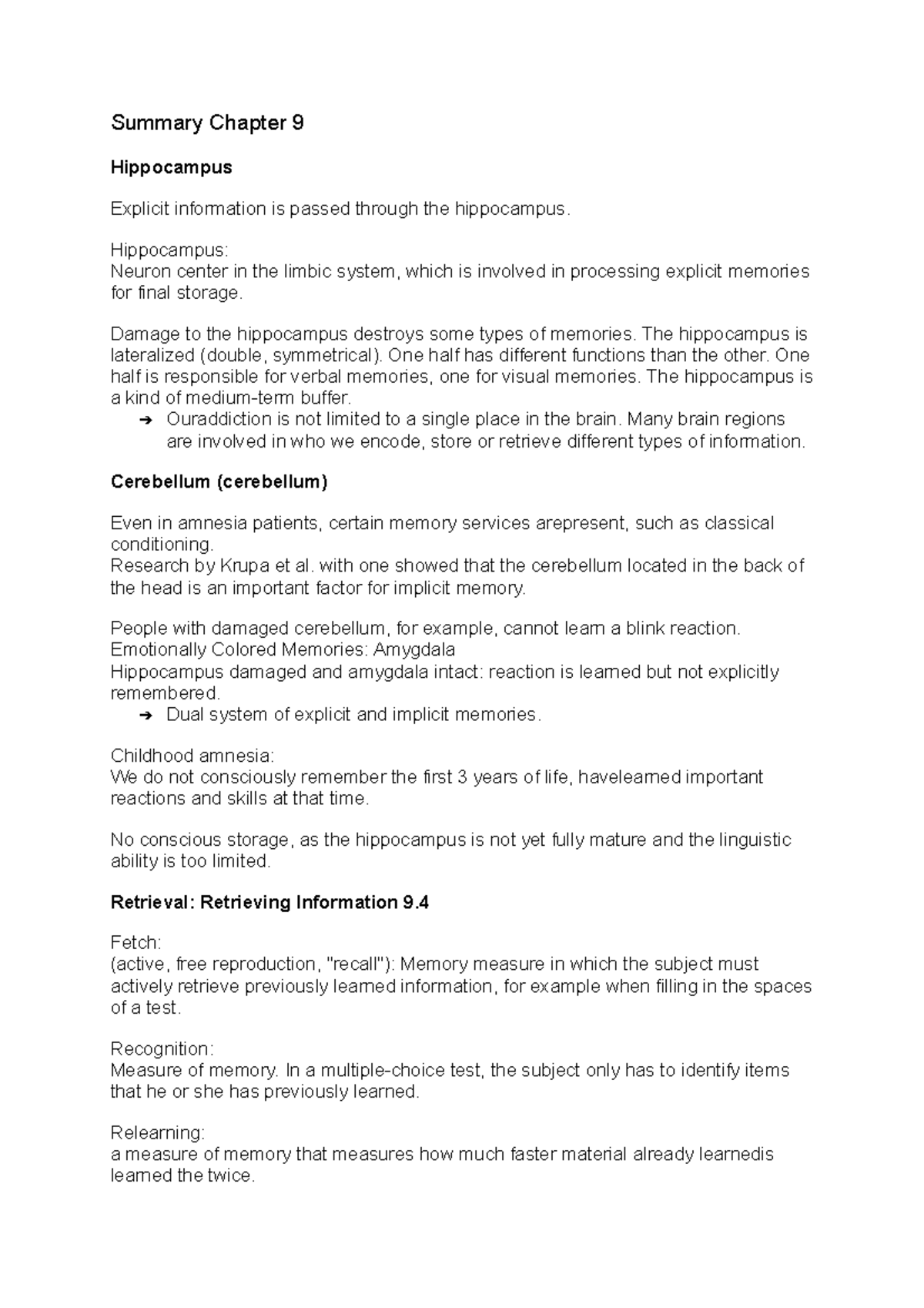 Summary Chapter 9 - Memory (part 2) - Summary Chapter 9 Hippocampus Explicit information is ...