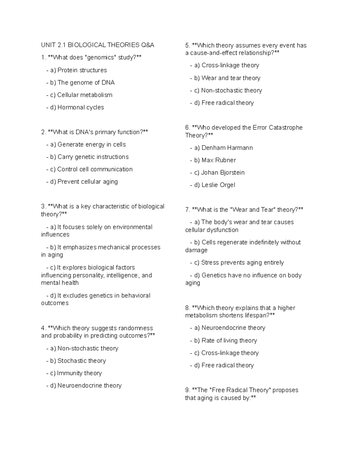 Biological Theories Q&A - UNIT 2 BIOLOGICAL THEORIES Q&A What does ...