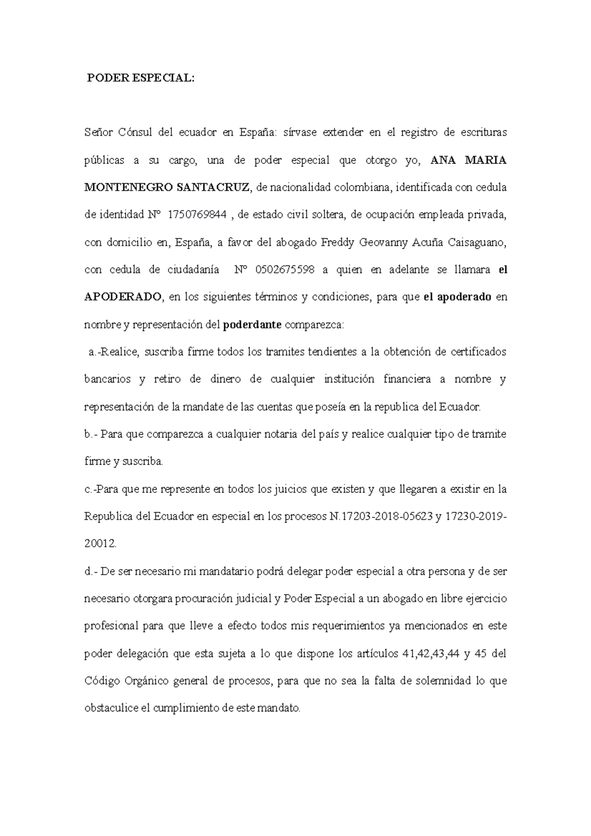 Poder especial de una persona ecuatoriana - PODER ESPECIAL: Señor ...