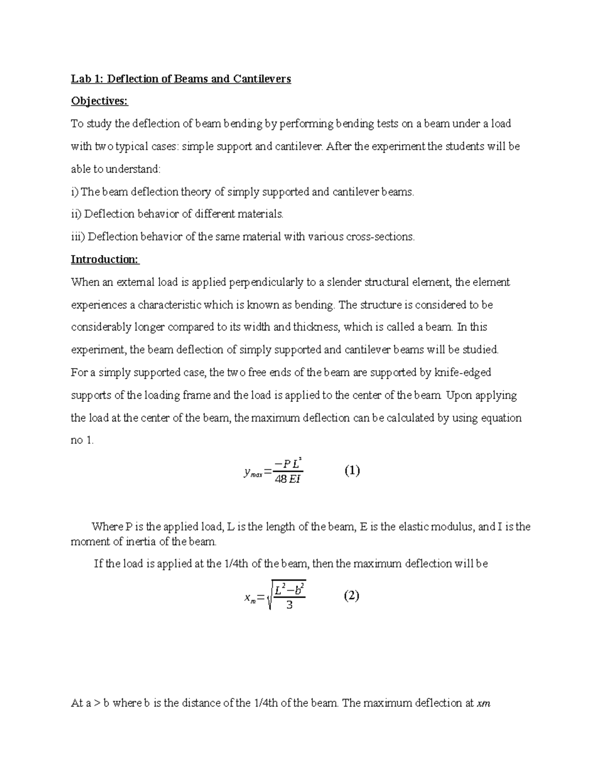 MEC 3206- Metallurgy Lab 1-Beam Bending - Lab 1: Deflection of Beams ...