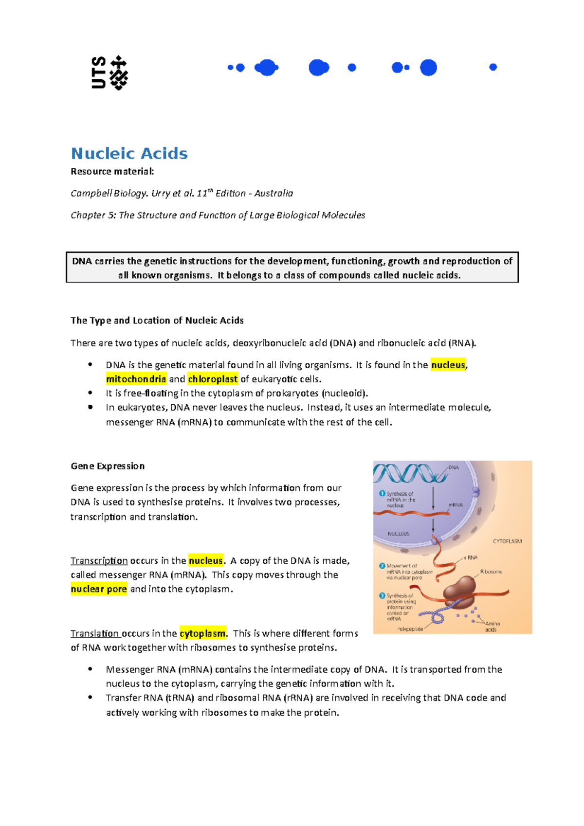 CBG at UTS - Nucleic Acids Module (Student Copy)-1 - Nucleic Acids ...