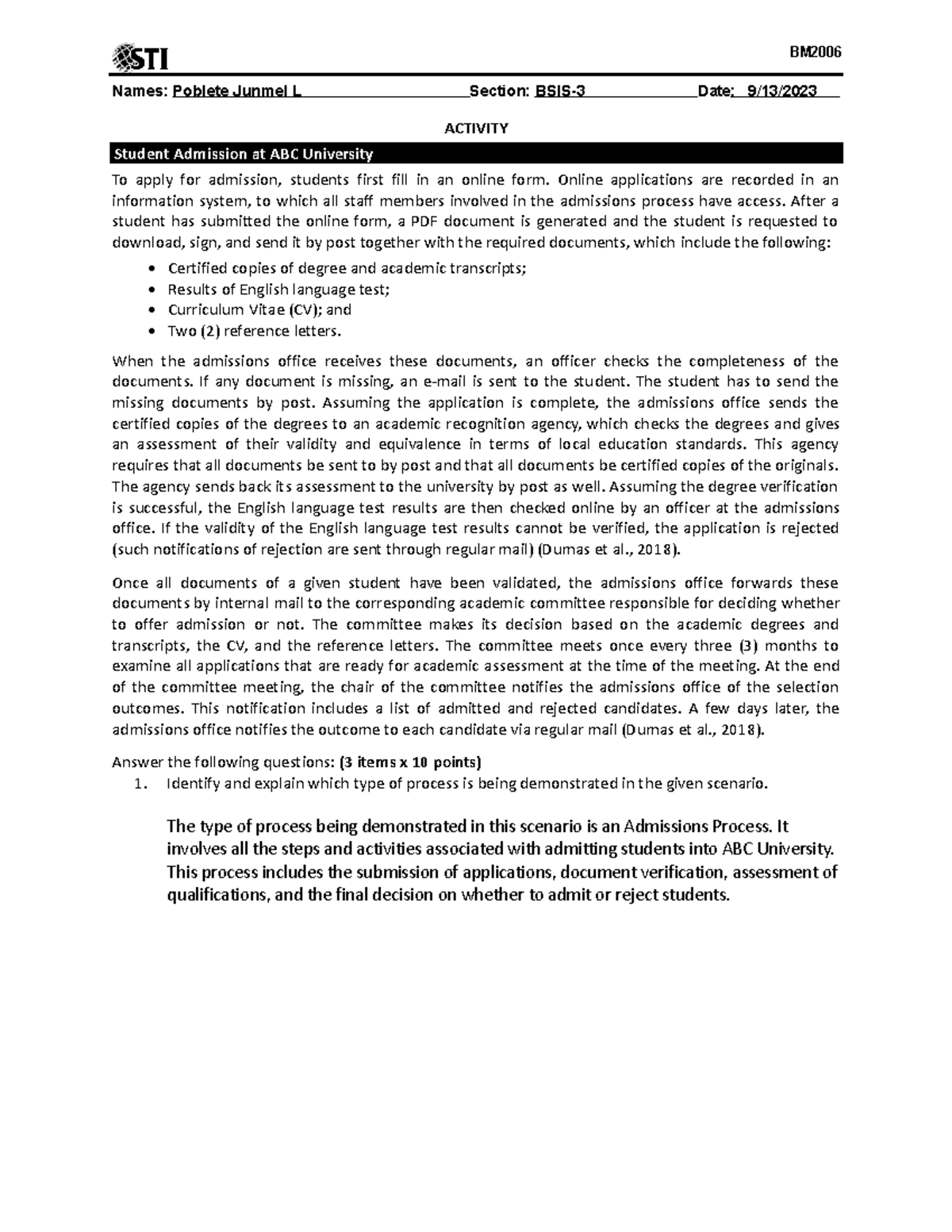 01 Activity 1(11) - Make - Names: Poblete Junmel L Section: BSIS-3 Date: 9/13/ ACTIVITY Student ...