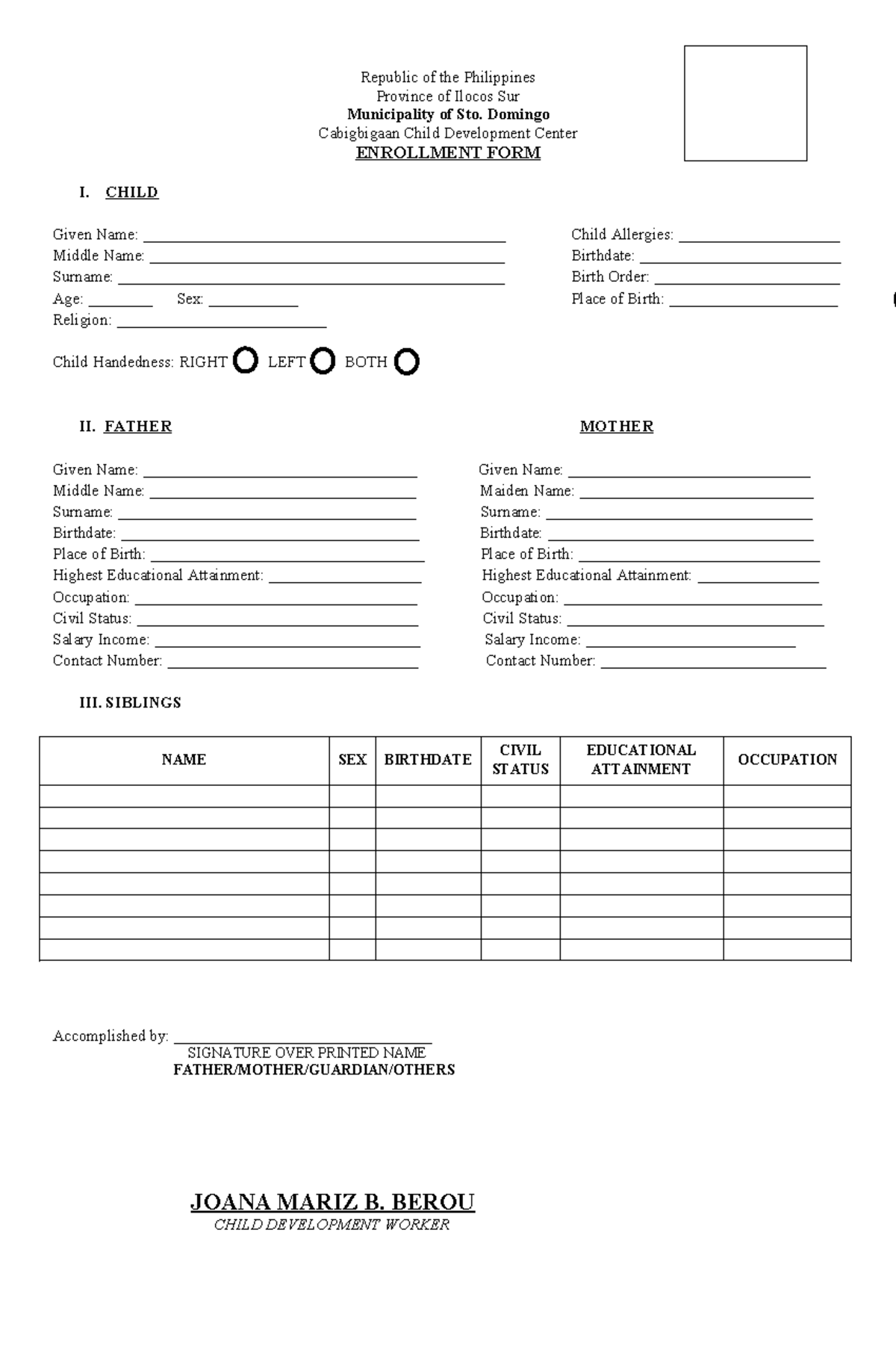 Enrollment FORM - Republic of the Philippines Province of Ilocos Sur ...