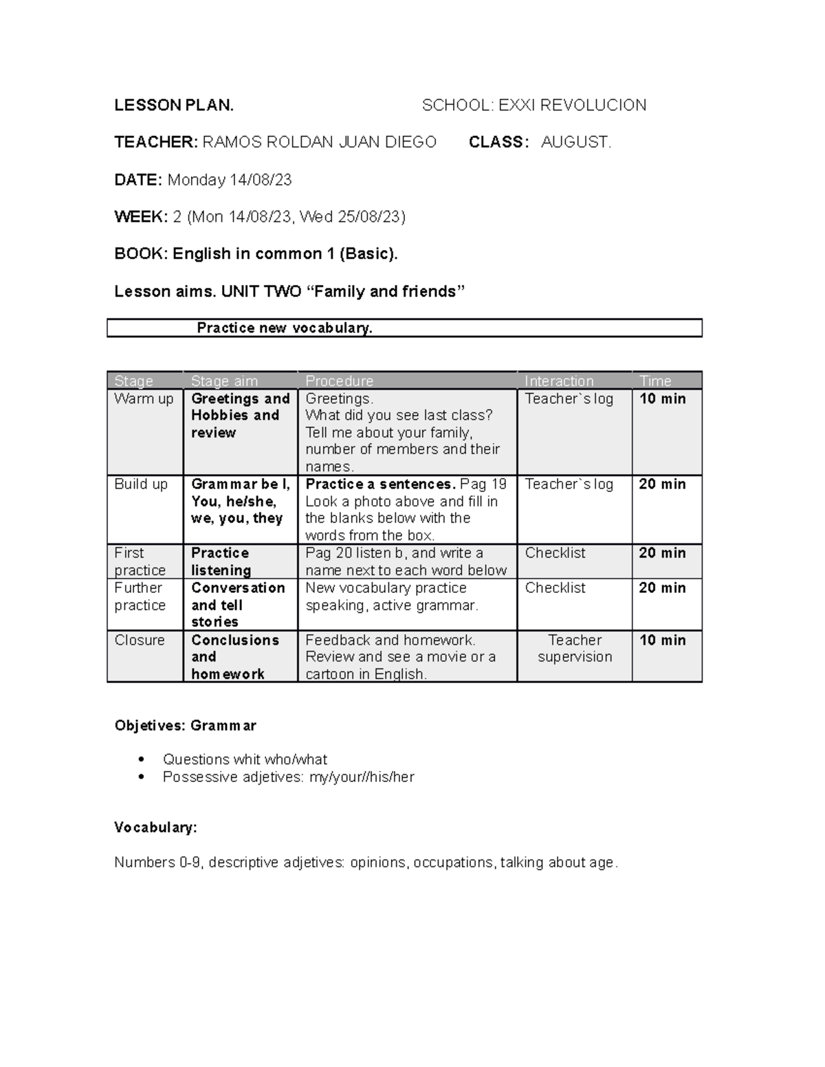 Lesson PLAN EXXI Ago sem 2 - LESSON PLAN. SCHOOL: EXXI REVOLUCION ...