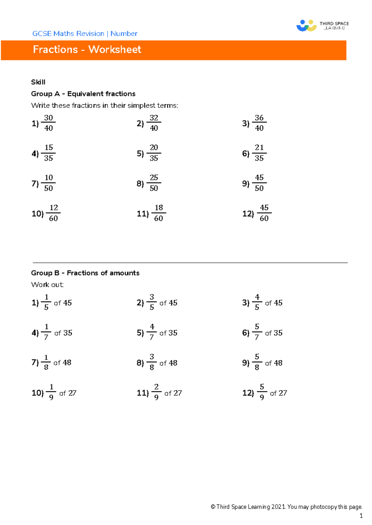 Maths Fractions Gcse Worksheet Practice Questions Fractions Worksheet Skill Group A