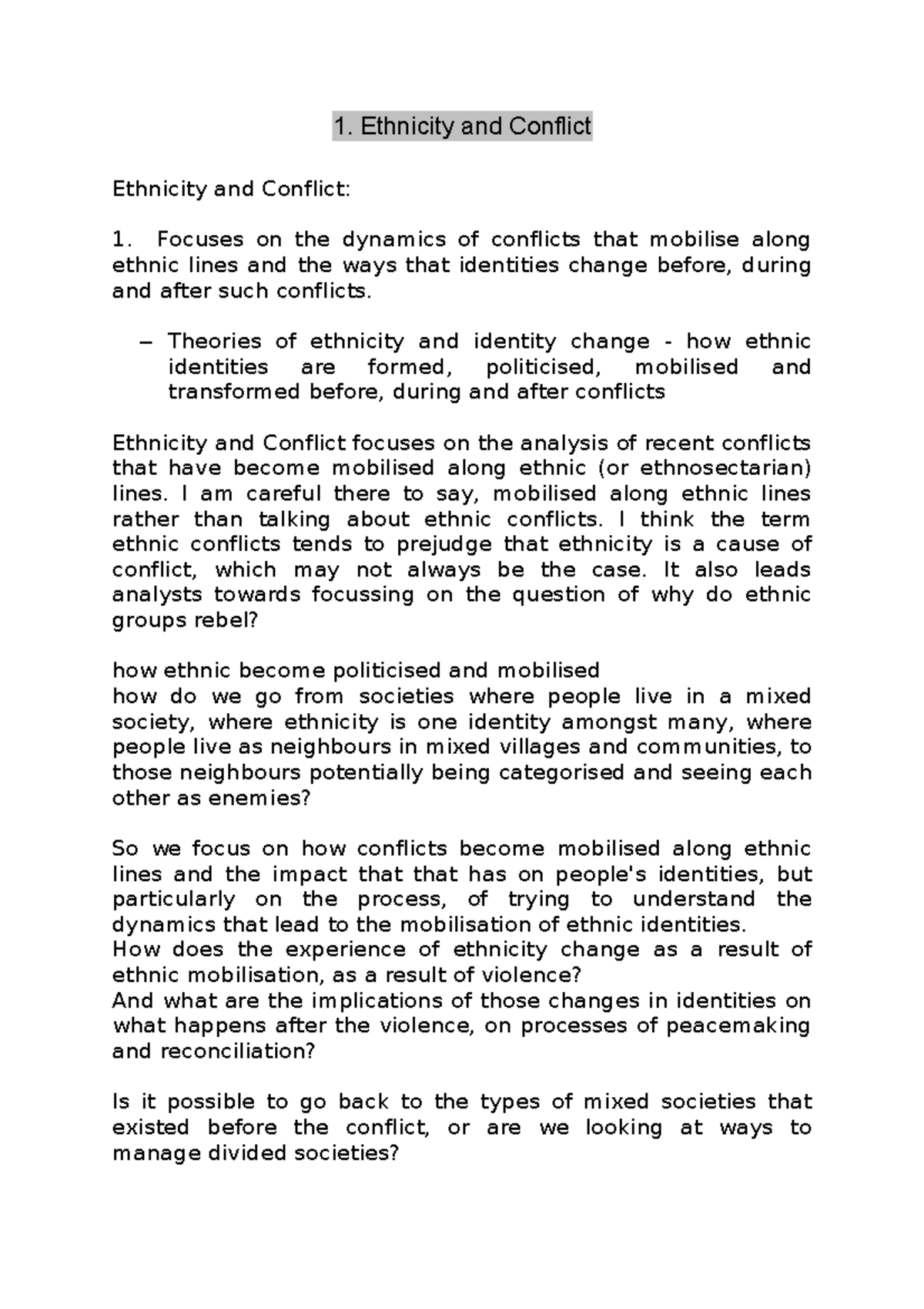 Lecture - 1. Ethnicity and Conflict Ethnicity and Conflict: Focuses on ...