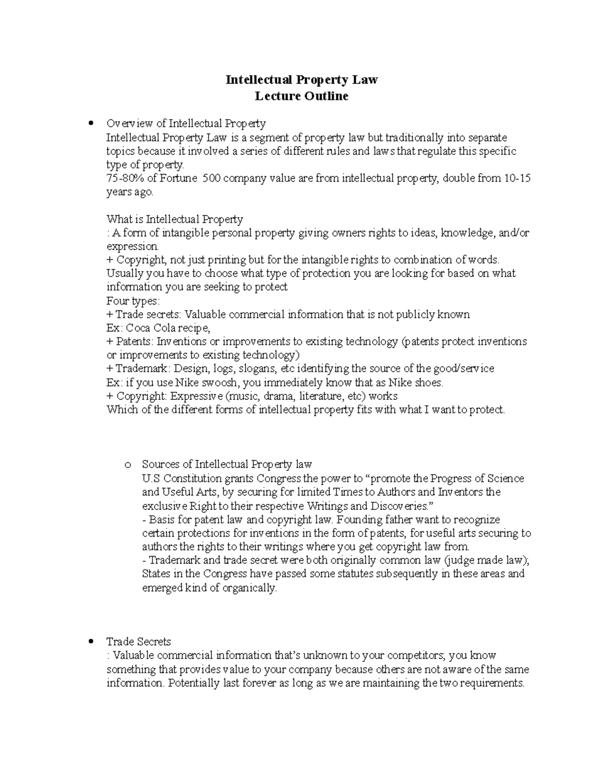 Intellectual Property Law Lecture Outline - Intellectual Property Law Lecture Outline Overview ...