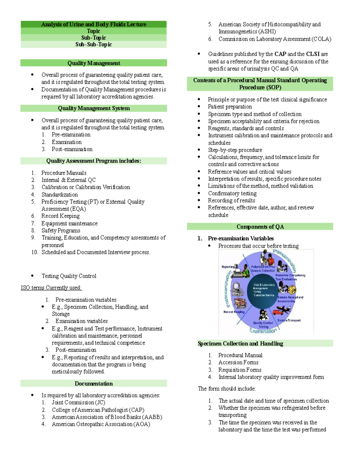 AUBF- Transes-LEC - yyes - Analysis of Urine and Body Fluids Lecture Topic Sub-Topic Sub-Sub ...