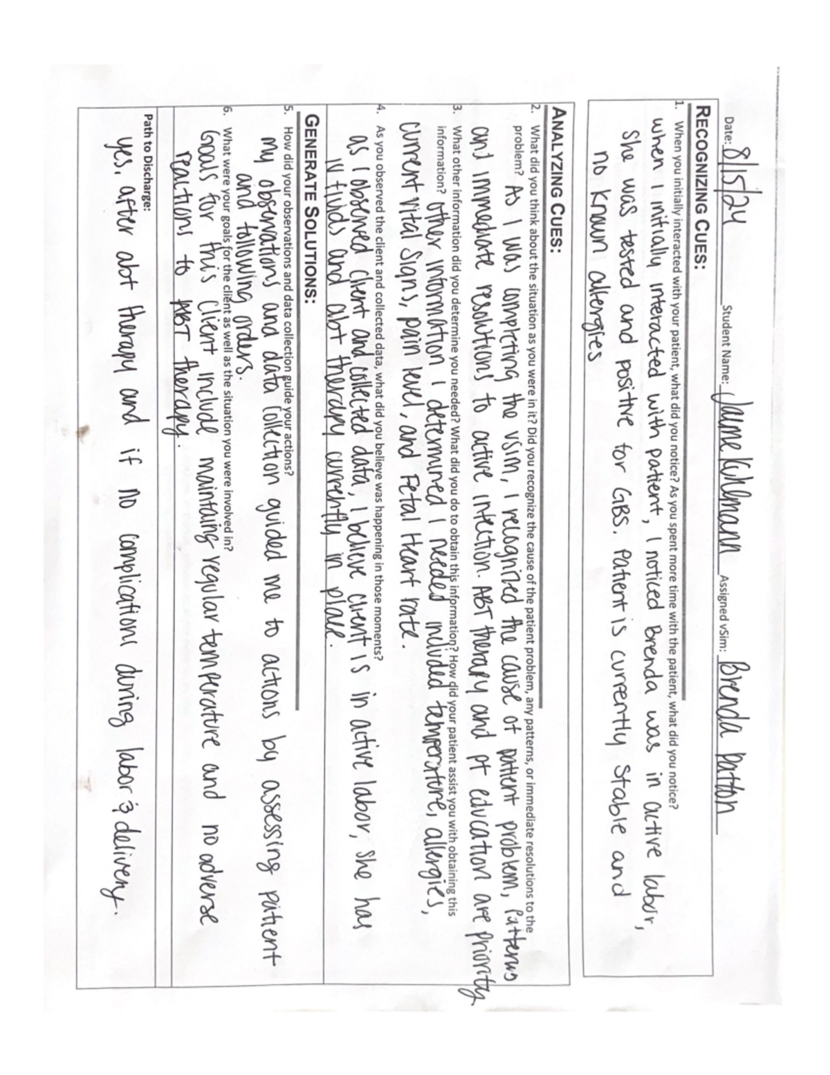 Brenda Patton - VSIM - Date: Student Name: Jame Khllnann Assigned vSim ...
