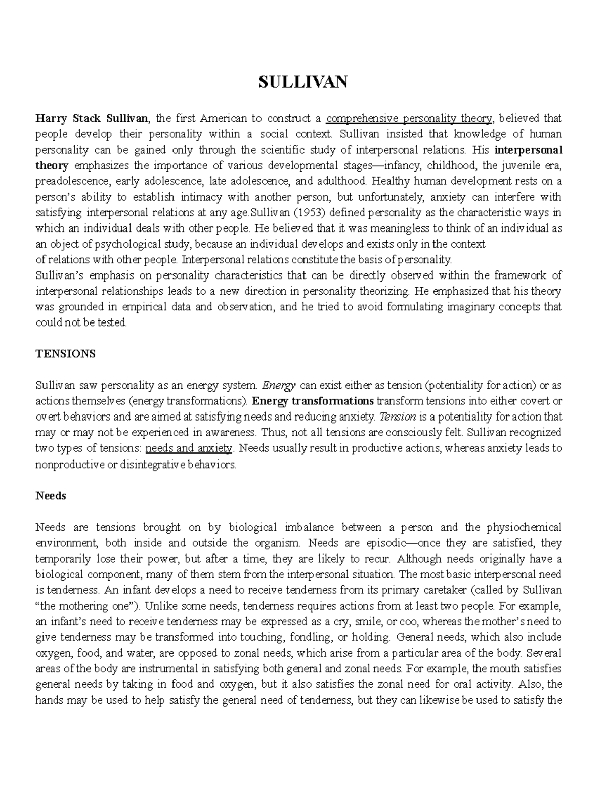 Personality sullivan - lecture notes - SULLIVAN Harry Stack Sullivan ...