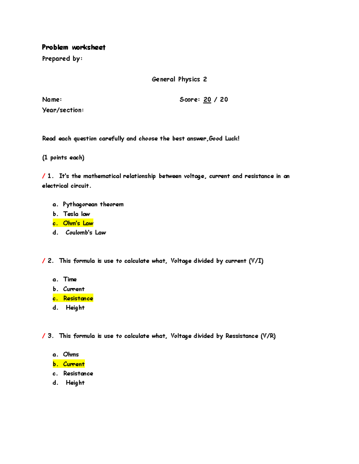 General Physics 2 Problem Sheet - Problem worksheet Prepared by ...