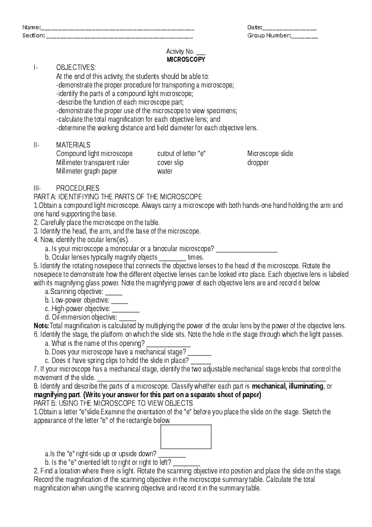 Microscopy activity Cell - Name:_____________________________________________ Date ...