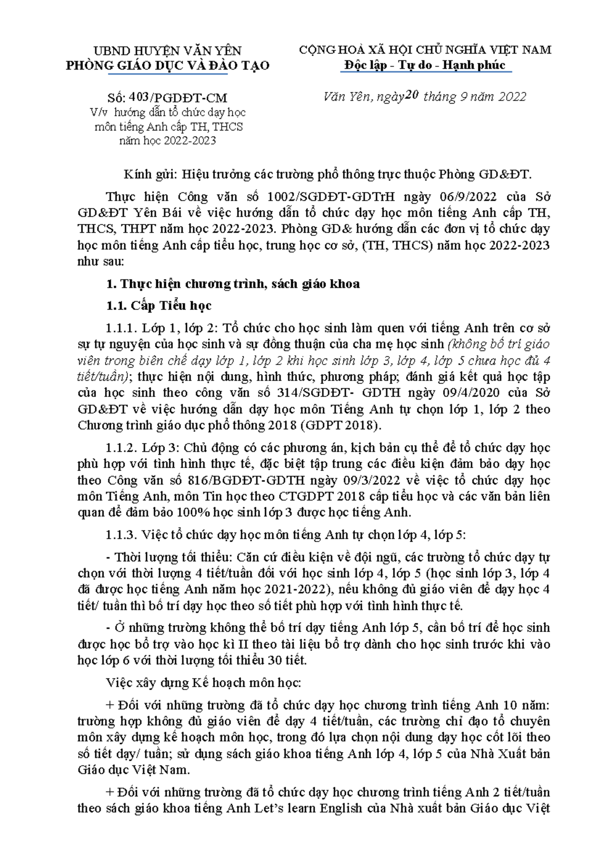 CV 403 HD day hoc tieng Anh NH 2022-2023 - UBND Y N PH“NG GI¡O V¿ V/v - Studocu