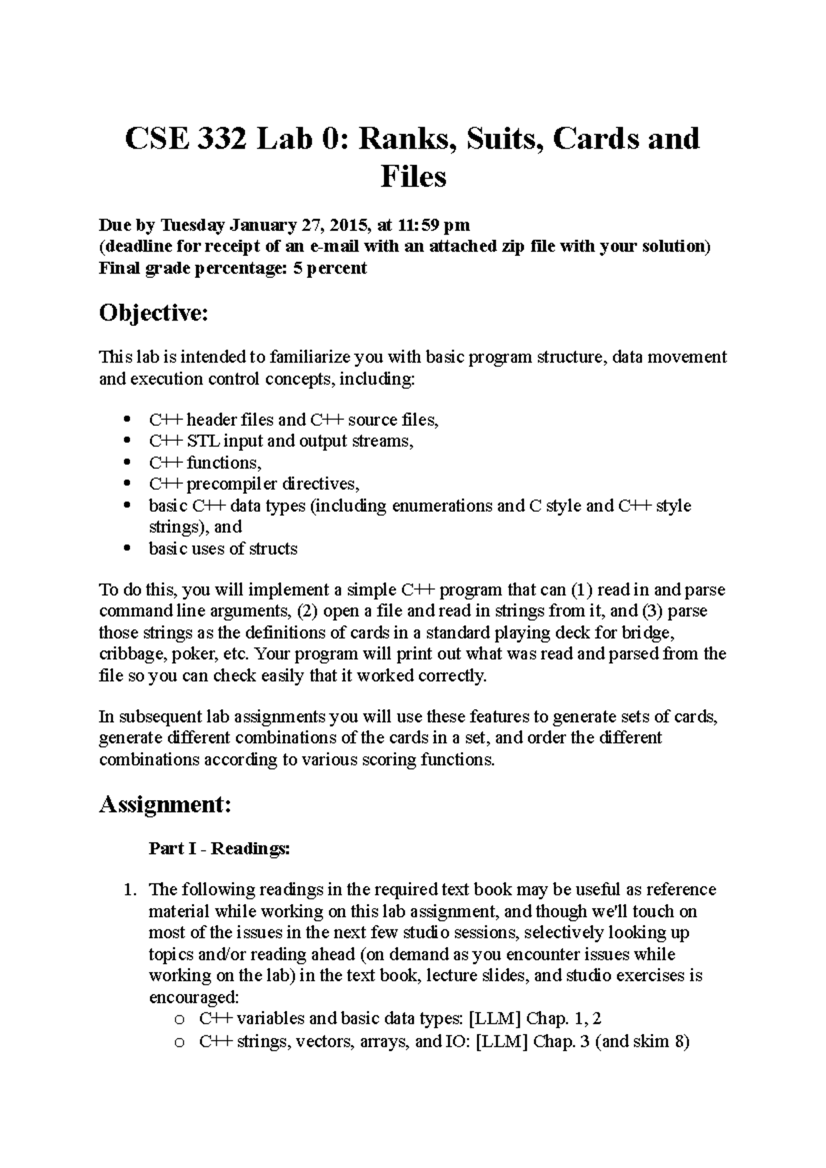CSE 332 Lab 0 Ranks, Suits, Cards and Files - CSE 332 Lab 0: Ranks, Suits, Cards and Files Due ...