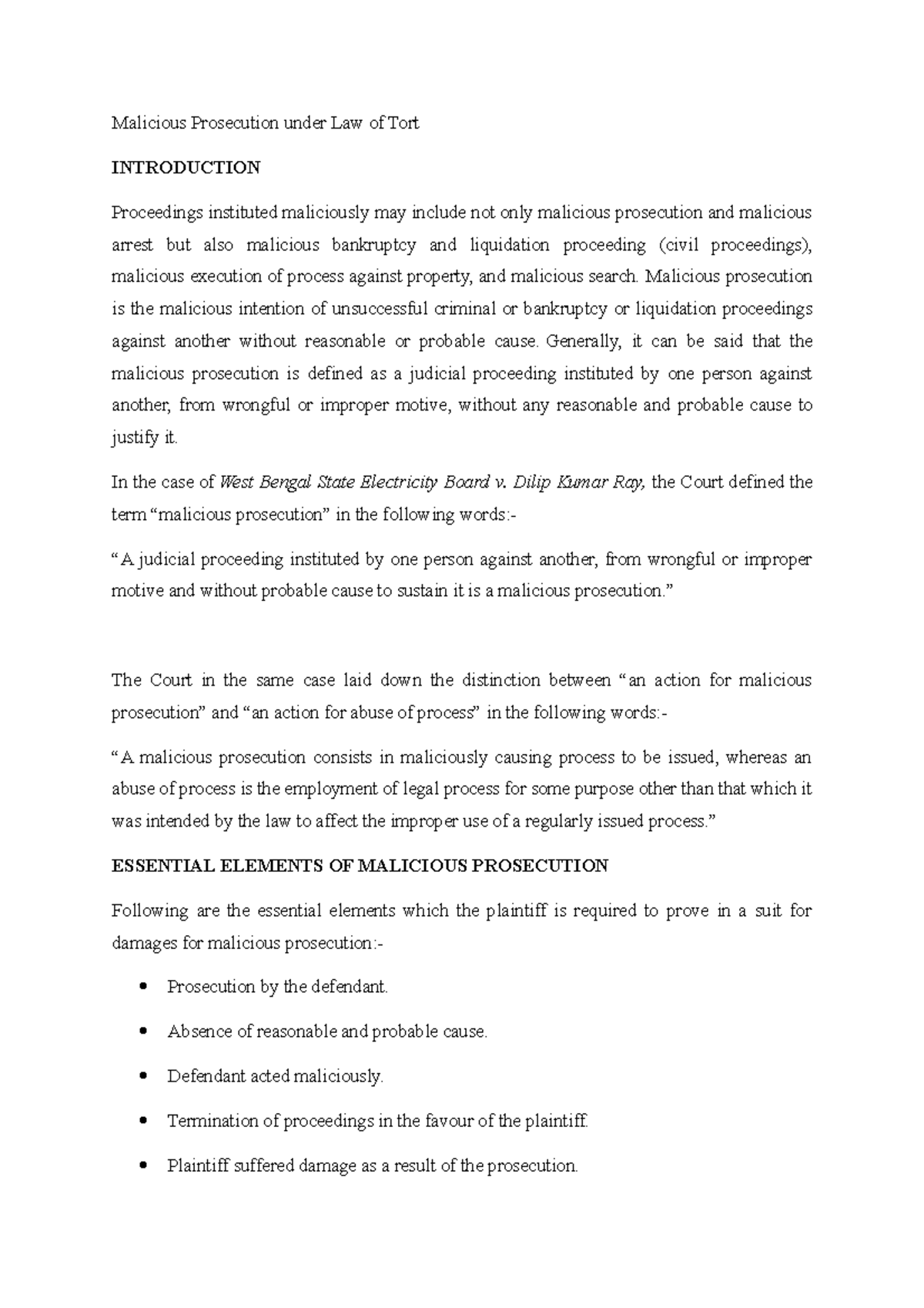 Malicious Prosecution under Law of Tort - Malicious Prosecution under ...