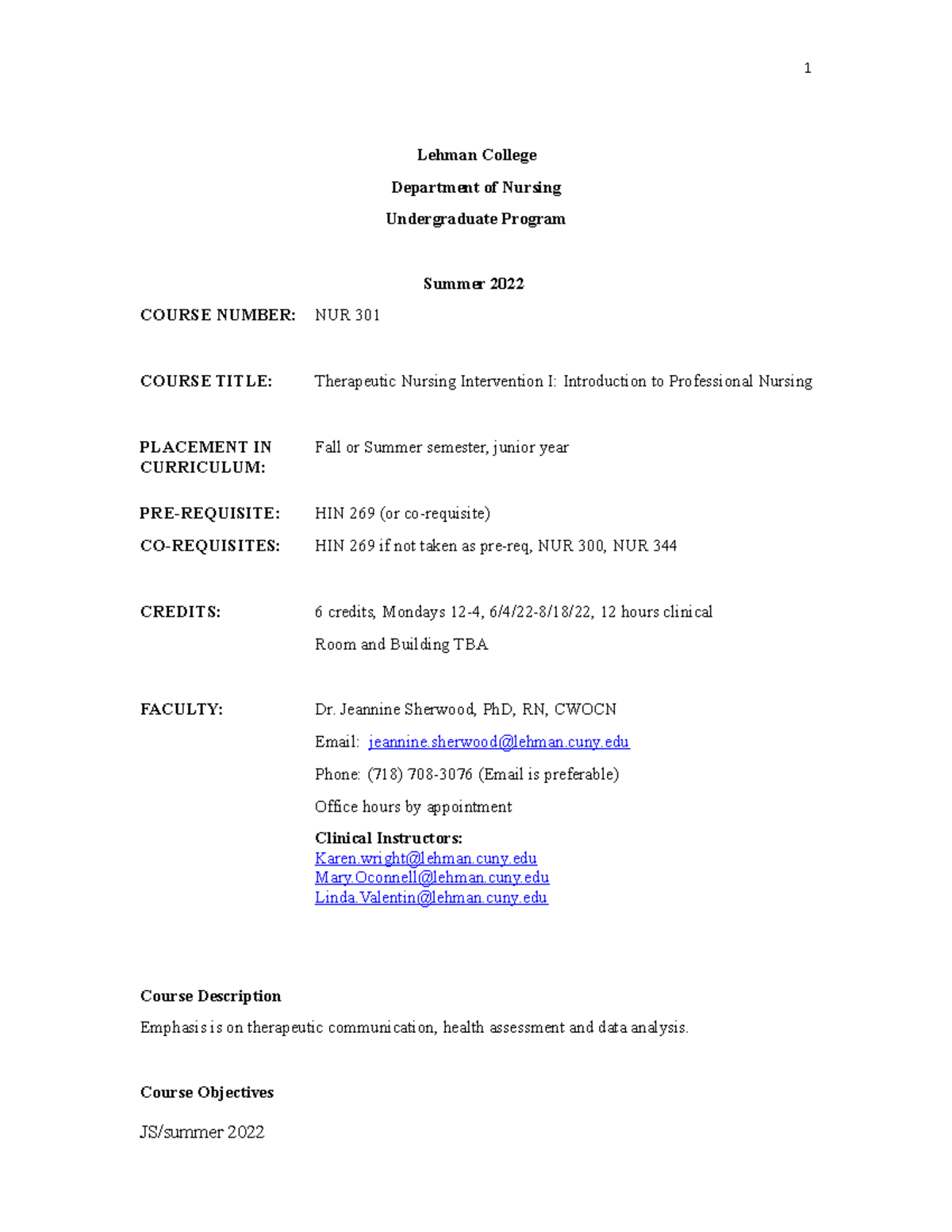 Syllabus Summer 301 - nur 301 - Lehman College Department of Nursing ...