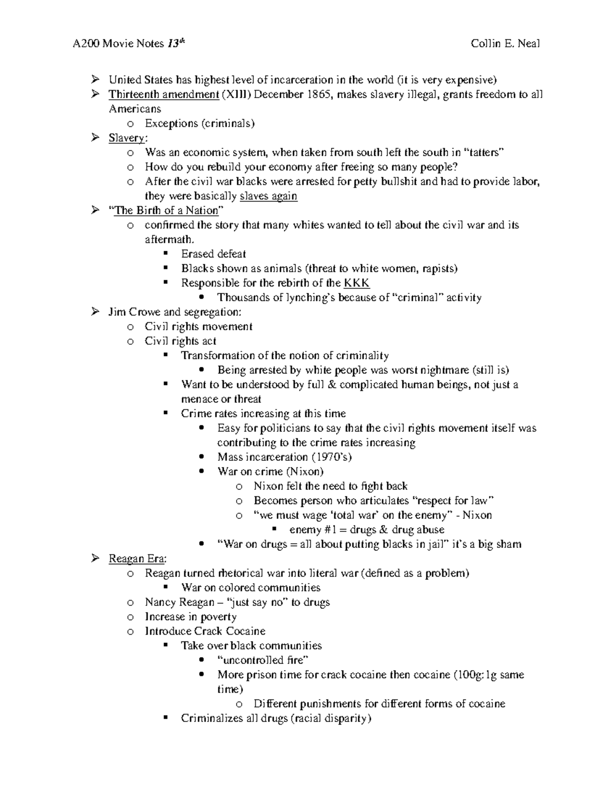 A200 movie notes "13th" - A200 Movie Notes 13th Collin E. Neal United ...