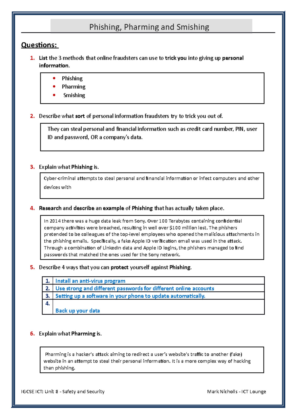 Worksheet - phishing pharming smishing - Phishing, Pharming and ...