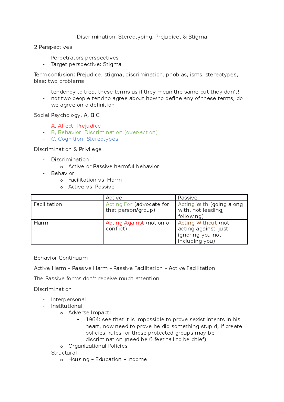 Notes 7 - Discrimination, Stereotyping, Prejudice, and Stigma ...