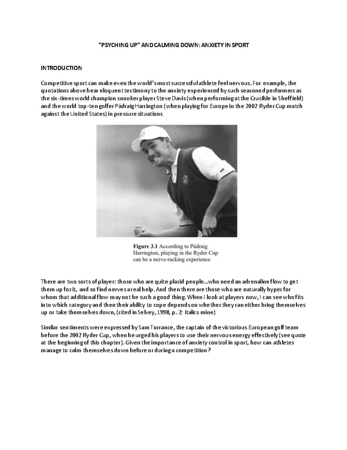 Sports and Exercise Psychology Handouts - “PSYCHING UP” AND CALMING ...