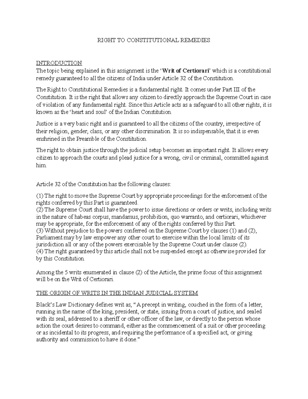 Writ of Certiorari - The document contains a brief introduction about ...