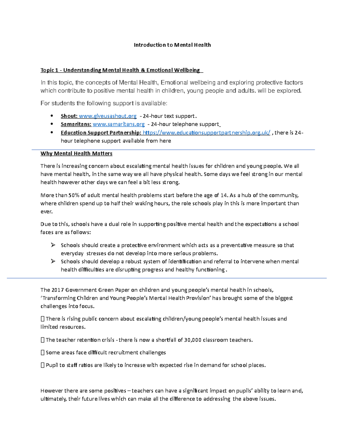 Introduction to Mental Health - will be explored. For students the ...