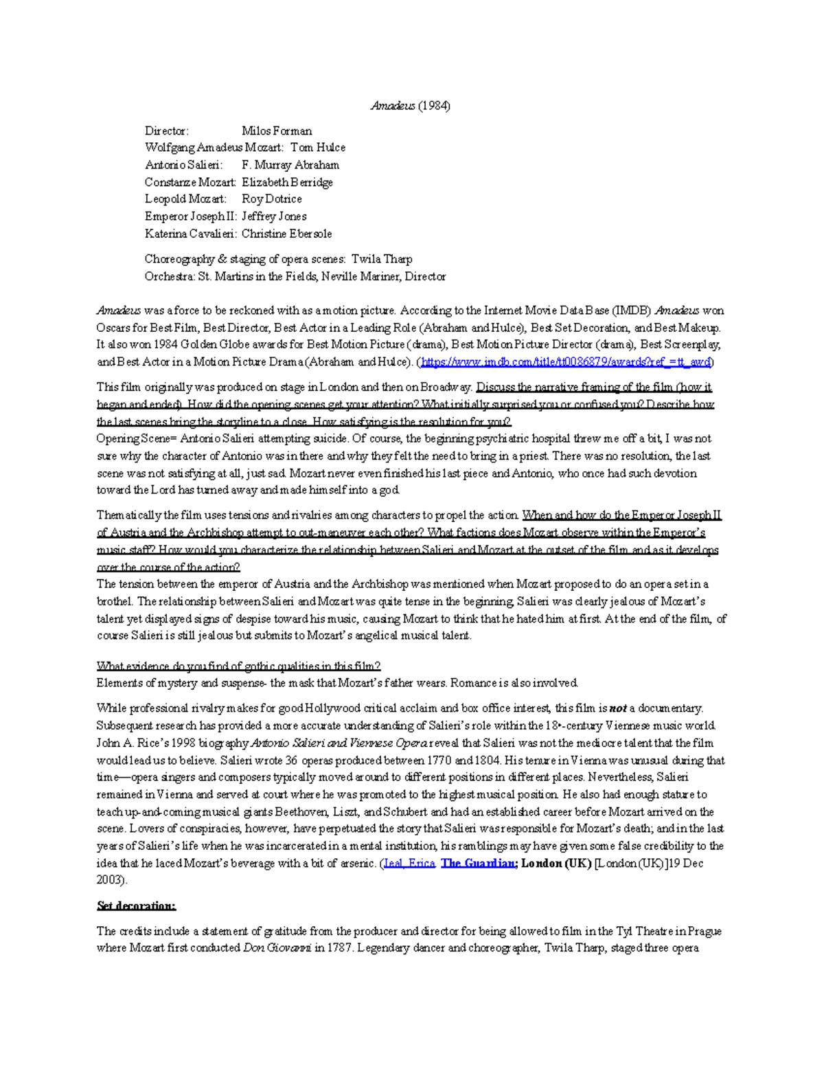 HU103 Amadeus (1984) Study Guide - Amadeus (1984) Director: Milos ...