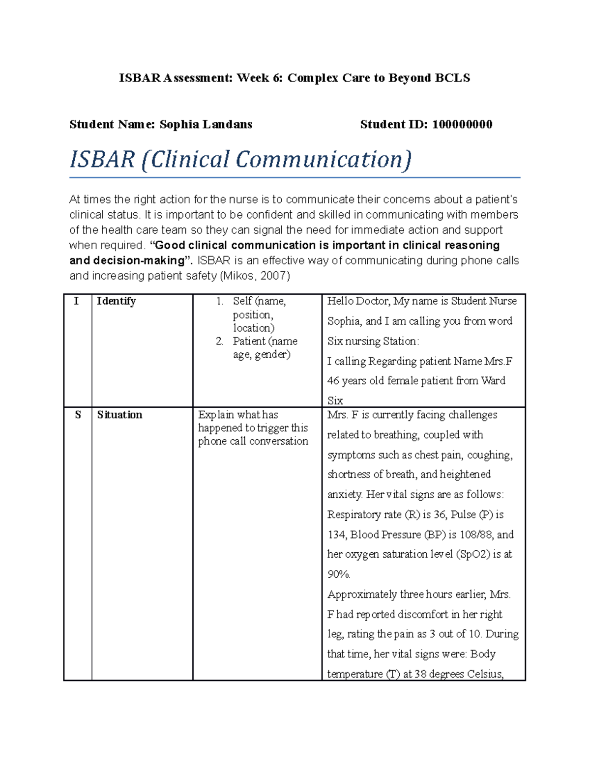 Week 6 Isbar - ISBAR Assessment: Week 6: Complex Care to Beyond BCLS ...