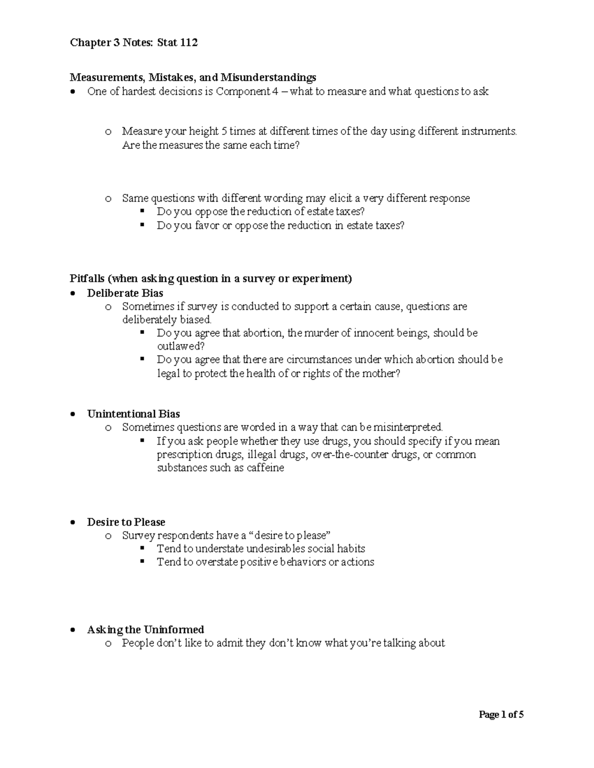 Stat 112 Chapter 3 Notes Outline - Measurements, Mistakes, and ...