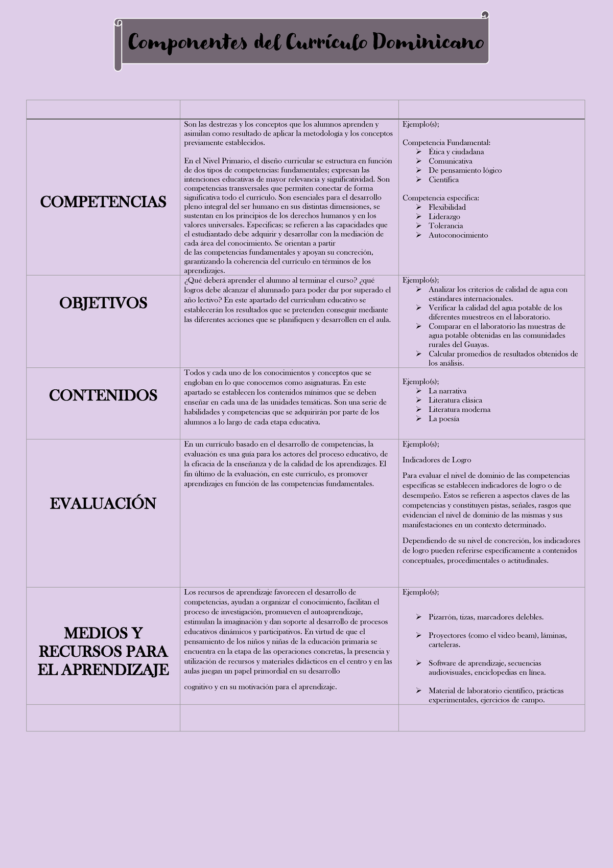 PES-100 Cuadro. Componentes del Currículo Dominicano - Componentes del ...