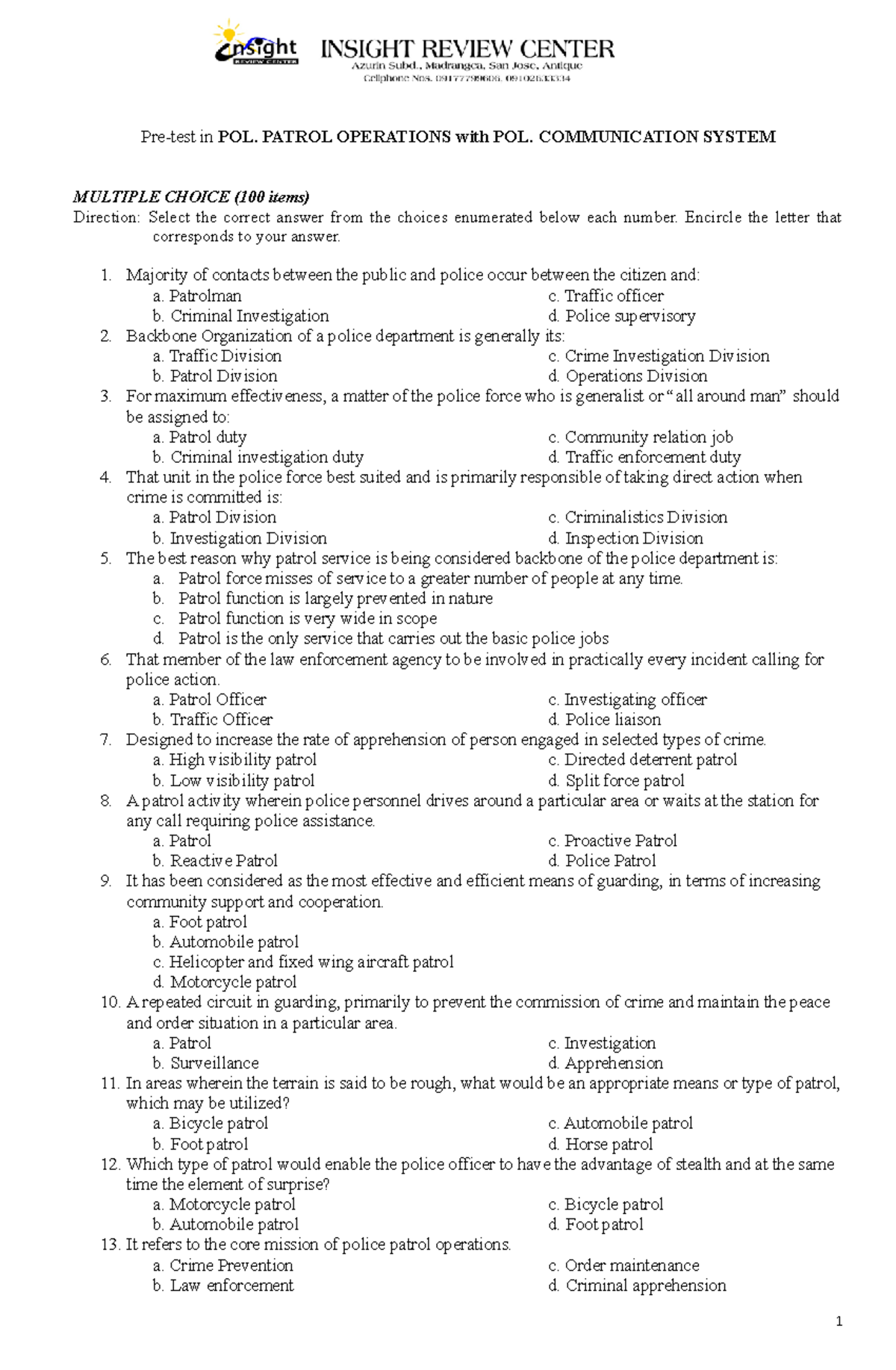 LEC 2014 - Pre-test in Pol. Patrol Op with Pol. Comm Sys - Pre-test in ...
