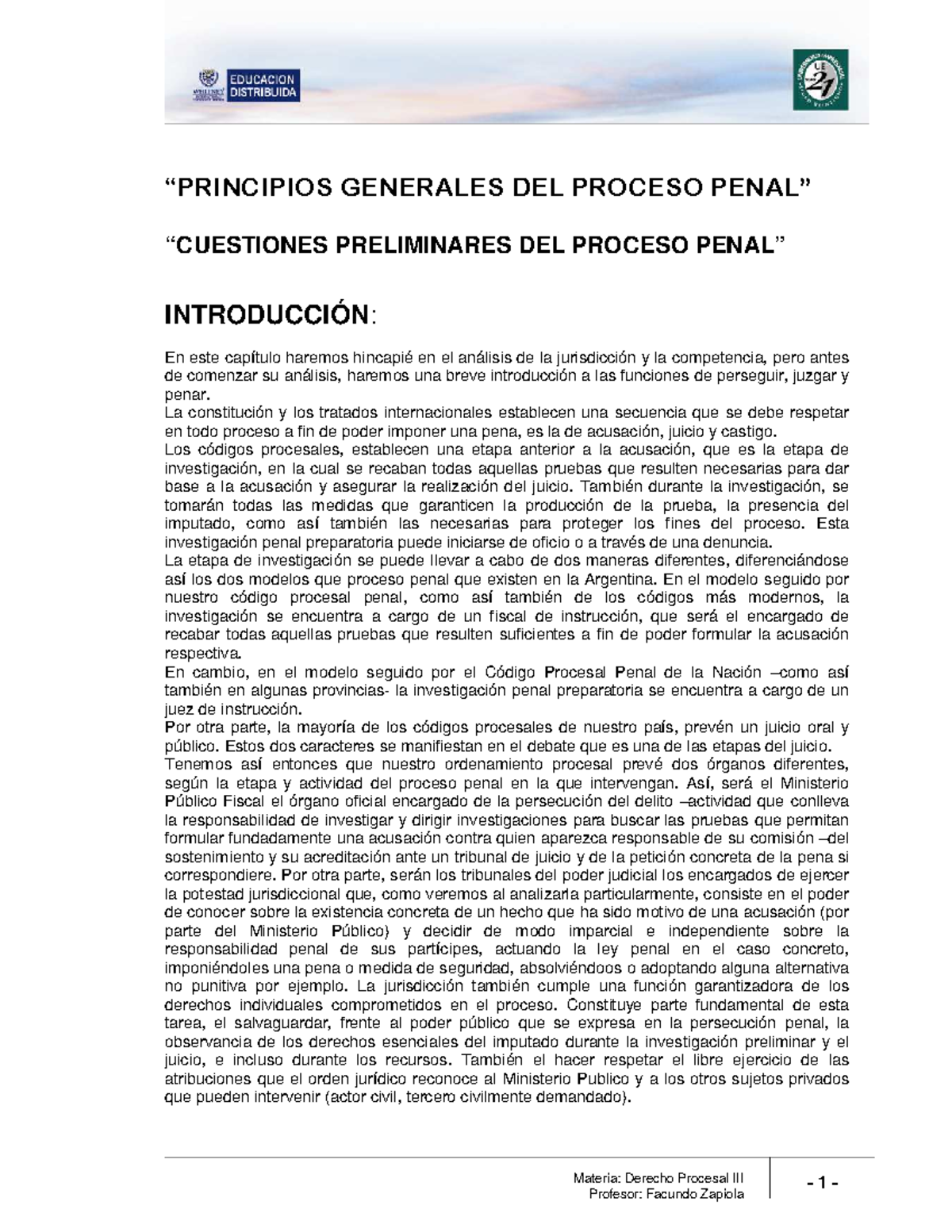 Módulo 1 - Lectura 1 - Cuestiones preliminares del proceso penal - GENERALES DEL PROCESO - Studocu