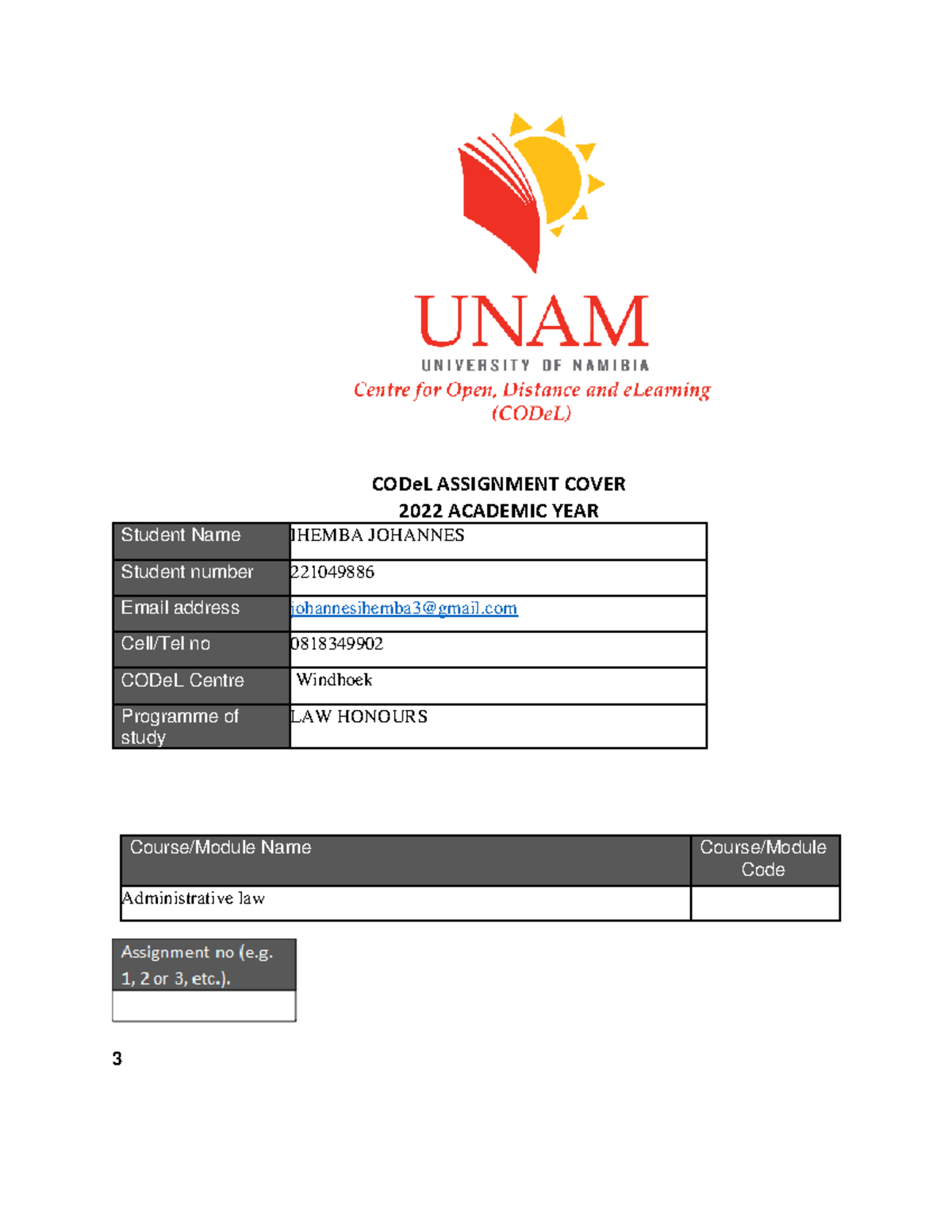 ADL Assignment 3 - CODeL ASSIGNMENT COVER 2022 ACADEMIC YEAR Student ...