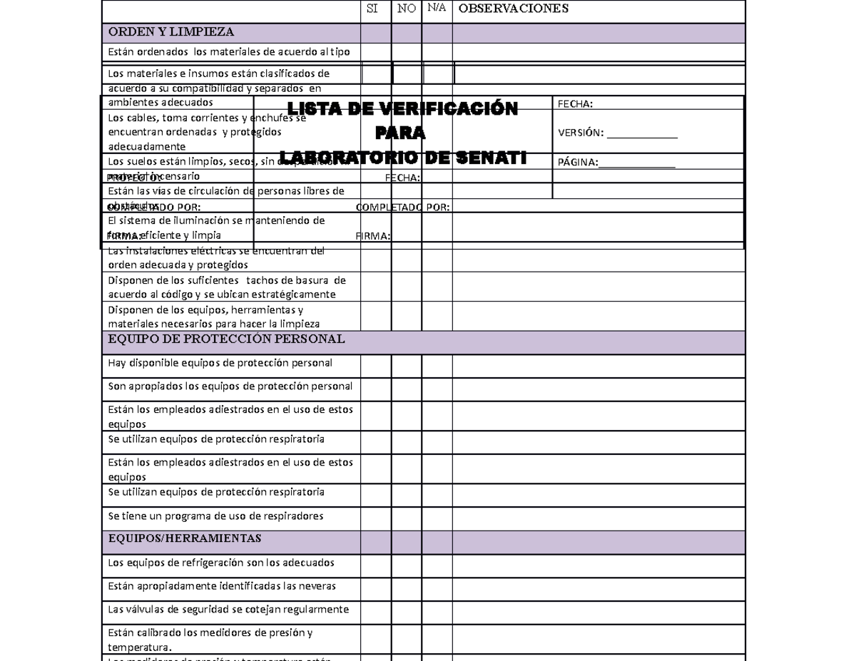 Checklist PARA Laboratorio - LISTA DE VERIFICACIÓN PARA LABORATORIO DE ...