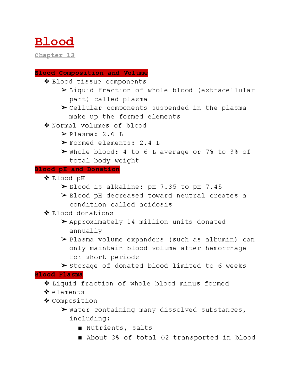 AP 1 Chapter 13 Notes - Blood Chapter 13 Blood Composition and Volume ...