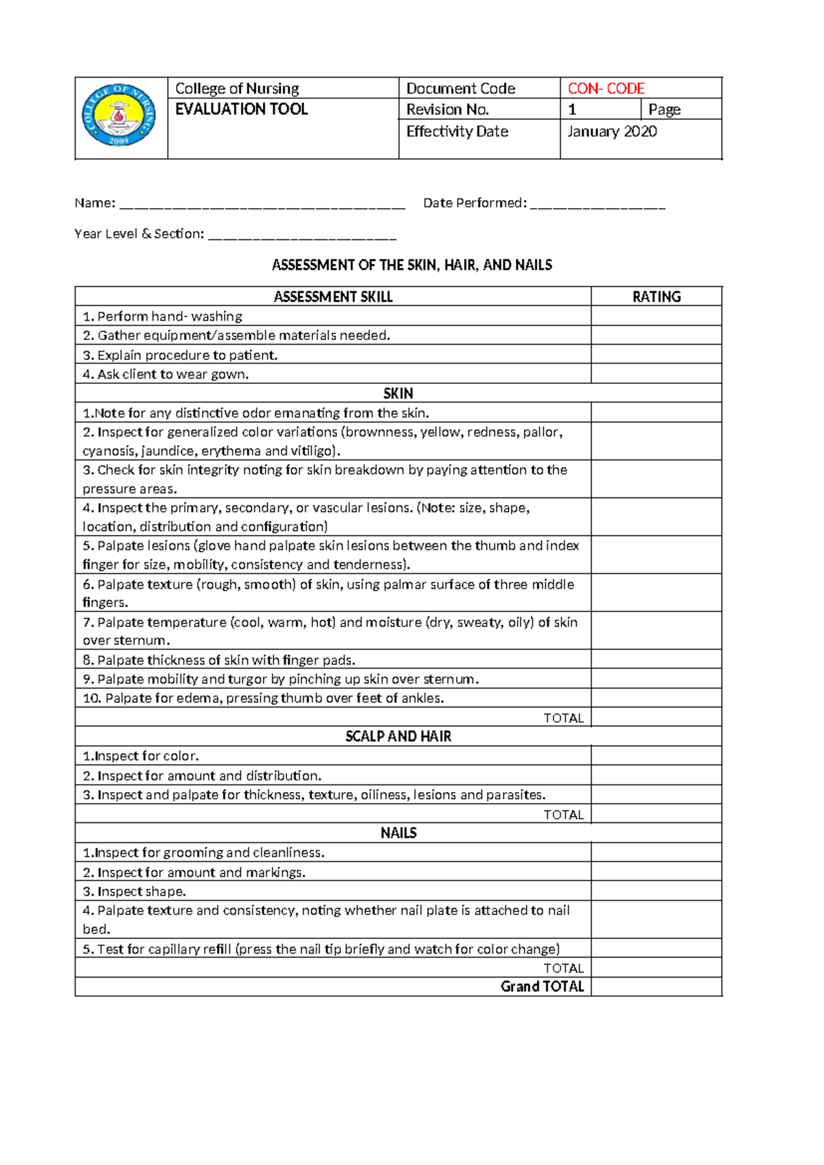 Assessment OF SKIN HAIR AND Nails - College of Nursing Document Code ...
