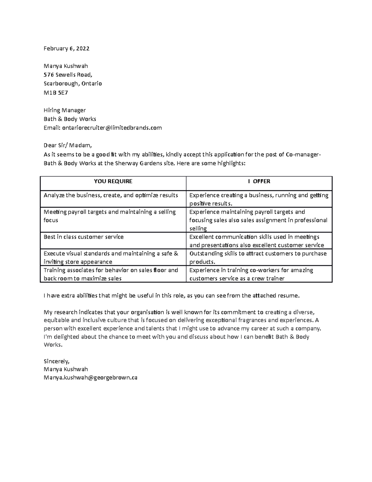 Cover letter m - midterm - February 6, 2022 Manya Kushwah 576 Sewells ...