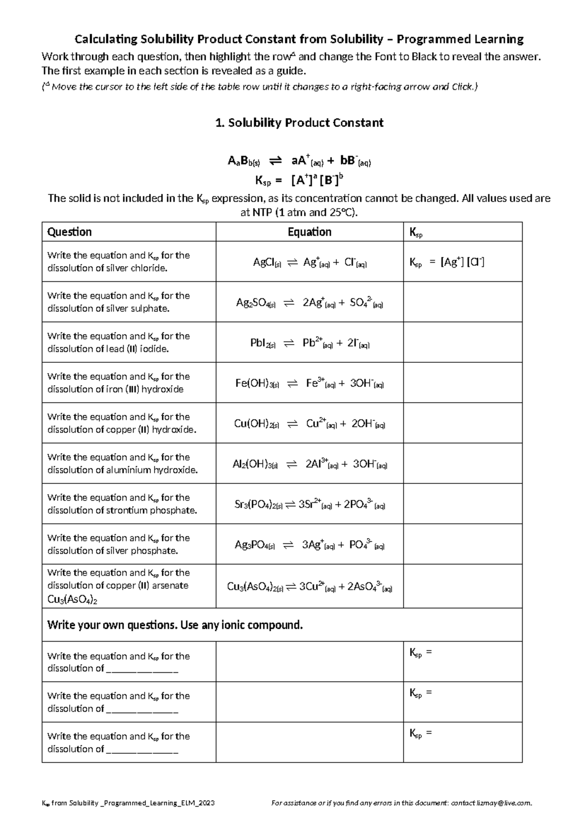 3c. Ksp from Solubility Programmed Learning ELM - Calculating ...